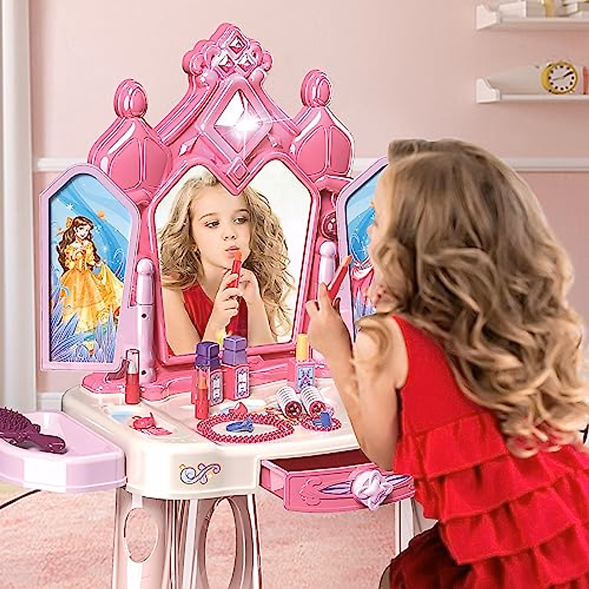 Pretend Play Girls Makeup Table Set with Stool，Open Doors by Gestures，Kids Vanity Set with Lights and Music，Toddler Beauty Salon Set with Makeup Accessories & Hair Dryer Toy for Toddlers 3-5 Years Old