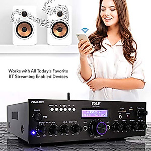 Pyle Wireless Bluetooth Power Amplifier System - 200W Dual Channel Sound Audio Stereo Receiver w/ USB, AUX, MIC IN w/ Echo, Radio - For Home Theater Entertainment via RCA, Studio Use - PDA65BU,Black