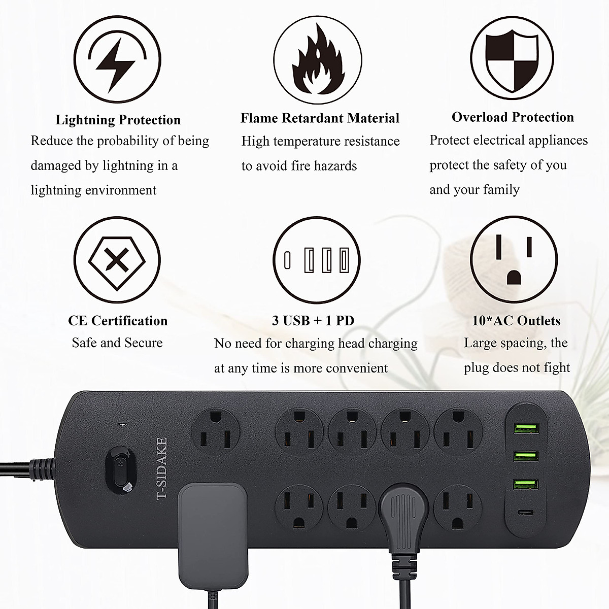 Power Strip, T-SIDAKE Socket, with 10 AC Power Outlets, 3 USB 3.0 Ports and a USB C Port, 6 Feet Extension Cord (1875W/15A), is a Necessity for Offices, Homes, and Dormitories. (Black)