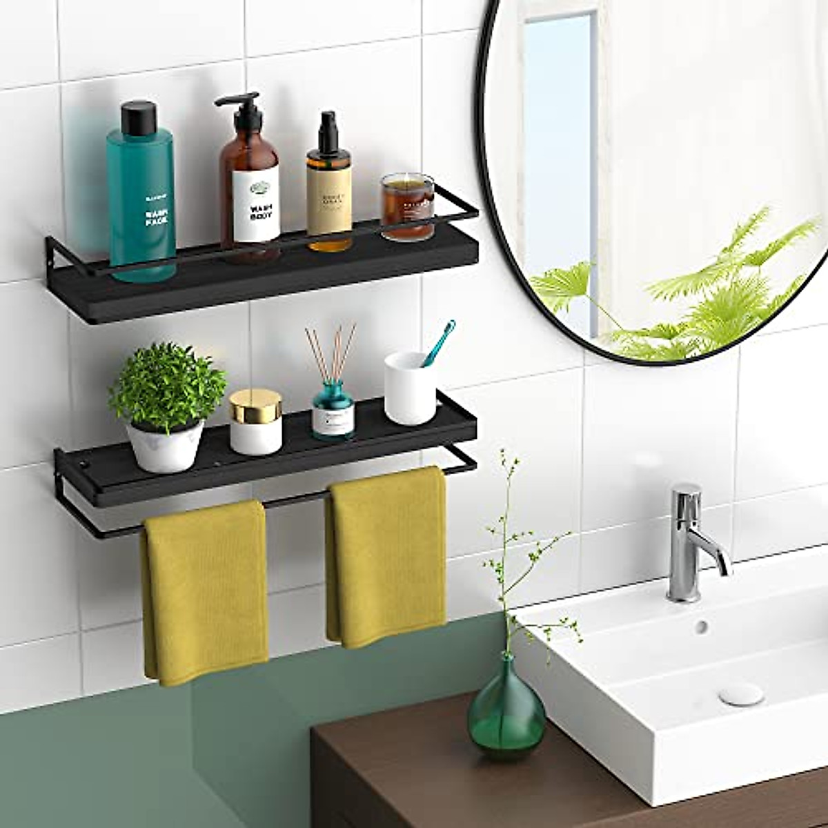 Meangood Floating Shelves Wall Mounted Set of 2, Rustic Wood Wall Storage Shelves for Bedroom,Living Room,Bathroom, Kitchen (Black)