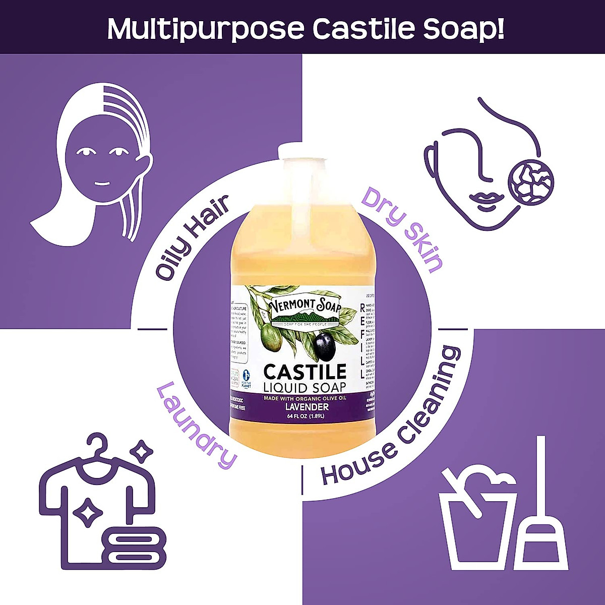 Vermont Castile Soap Lavender, Gentle Liquid Soap for Sensitive Skin & Natural Body Wash, Organic Hair Shampoo for Oily Hair, Aloe Castile Soap for Men & Women - 64 Oz