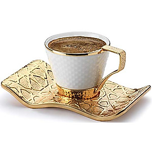 DEMMEX Stunning Espresso Turkish Coffee Cups with Metal Holders and Saucers Set for 6, 2.6 Ounces (White - Gold)