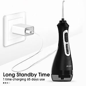 Beantech SEAGO 200 Milliliter Rechargeable Black Cordless Portable Water Flosser Dental Oral Irrigator for Teeth, 5 Jet Tips, IPX7 Waterproof, Powerful Battery Life, for Home and Travel, (SG-833BLK)