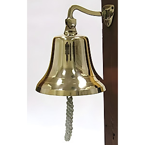 Enormous Wall Hanging Ship Bell with Rope Polished Dinner Bell Tip Bell Indoor/Outdoor Nautical Decoration Bells Variety with Mounting Hardware Bracket Ship Boat Maritime Decor (10" Brass)