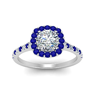 CustomizedGifts Round Diamond Square Halo Ring Sterling Silver Created Blue Sapphire Round Shape Blue Color Solitaire Engagement Rings Prong Setting. in Size 10 Handcraft Chakra Healing
