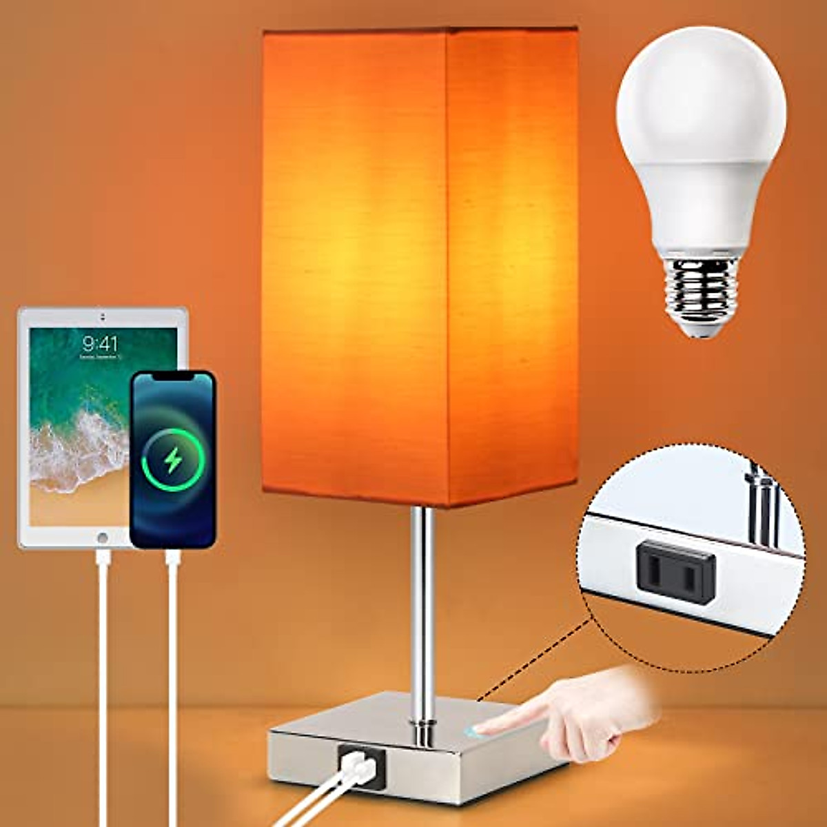 SEEDED-DESIGN Touch Control Table Lamp, Small Bedside Lamp with USB Port and Outlet, 3-Way Dimmable Nightstand Lamp for Bedroom, Living Room, LED Bulb Included (Square, Pink Blush)