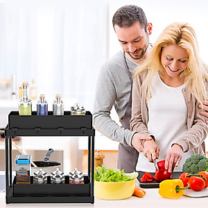 Under Sink Organizer with Dual Sliding Drawers, 2 Tier Under Kitchen Sink Organizers and Storage with 4 Hooks, Slide Out Under-Sink Storage for Bathroom Organizer, Kitchen Organization (Black)