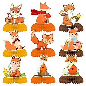 9PCS Fox Honeycomb Centerpieces 3D Table Topper Woodland Animals Double Side Centerpieces for Girl Boy Fox Theme Baby Shower Birthday Party Decorations