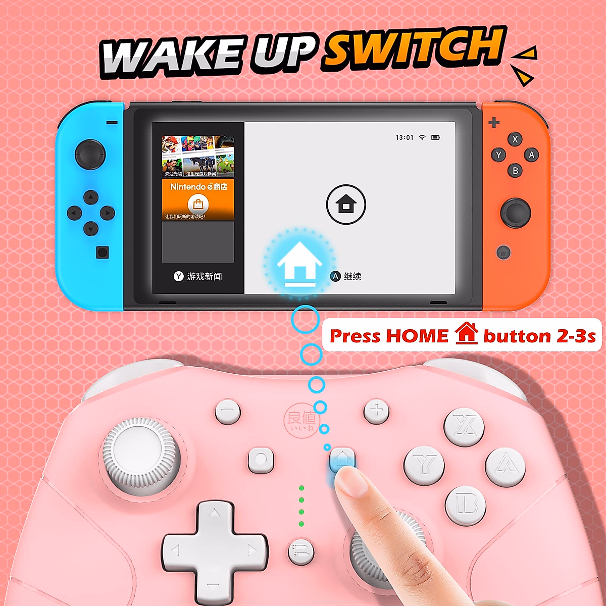 IINE Wireless Controller for Nintendo Switch/Lite/OLED, Updated Switch Pro Controller with Headset Jack, Switch Controller with Marcon Setting, Wake-Up, Auto-Fire Turbo, Motion, Vibration- Pink