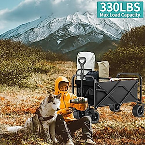 QivvMivo Collapsible Folding Wagon Load 330 Lbs, Heavy Duty Utility Beach Wagon Cart for Sand with Big Wheels, Adjustable Handle&Drink Holders for Garden Outdoor Camping Beach Sports, Grocery (Black)
