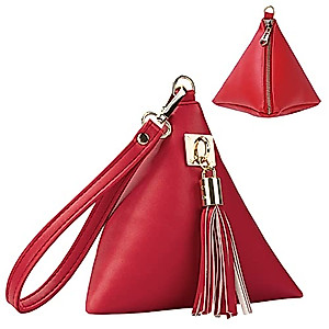 Women Leather Clutch Wallet Triangle Wristlet Purse with Wrist Strap Red