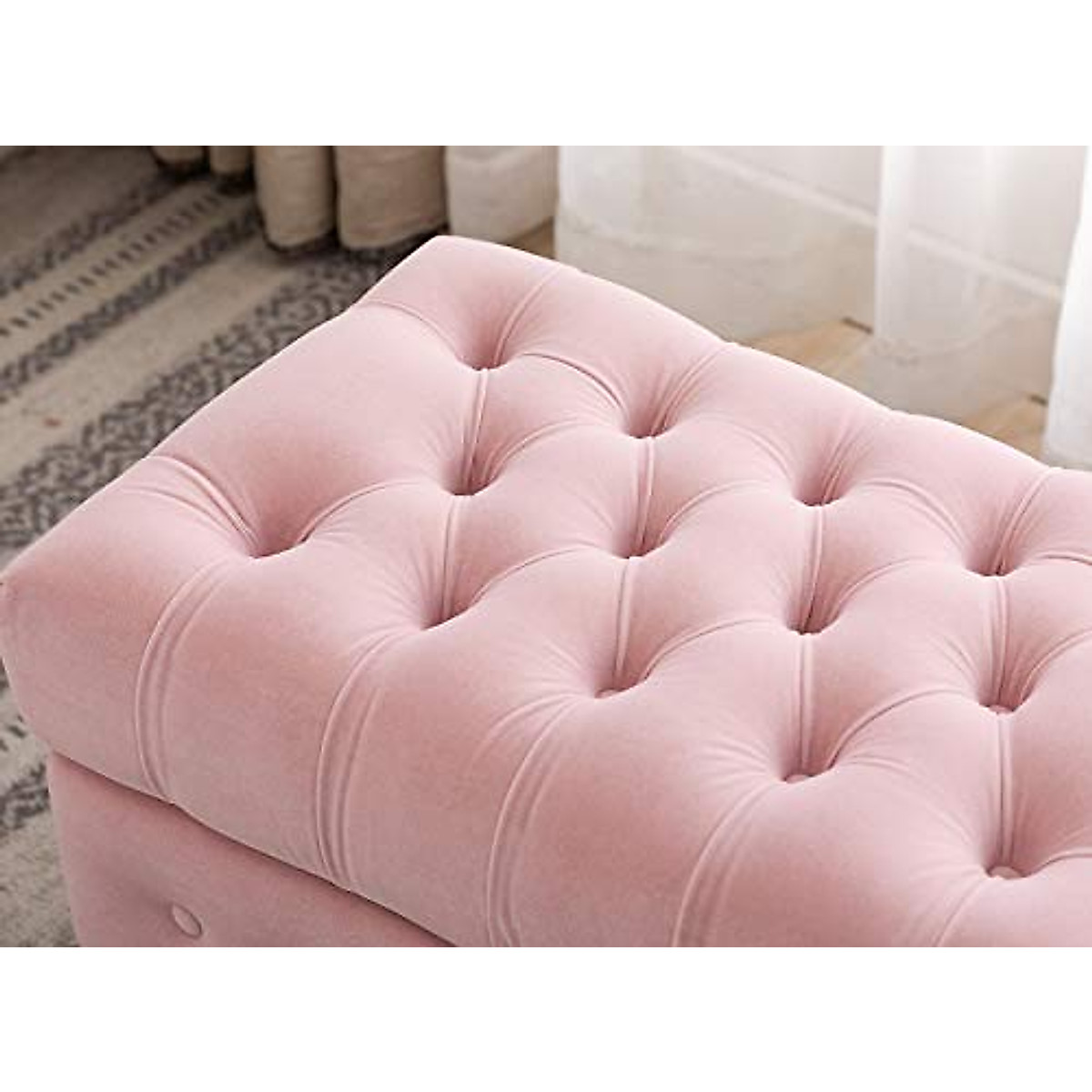 Artechworks Storage Coffee Table Ottoman, Button Tufted Velvet Upholstery Footstool Bed Ottoman for Living Room, Home Office, Space-Saving Storage Toy Box Stool, Pink
