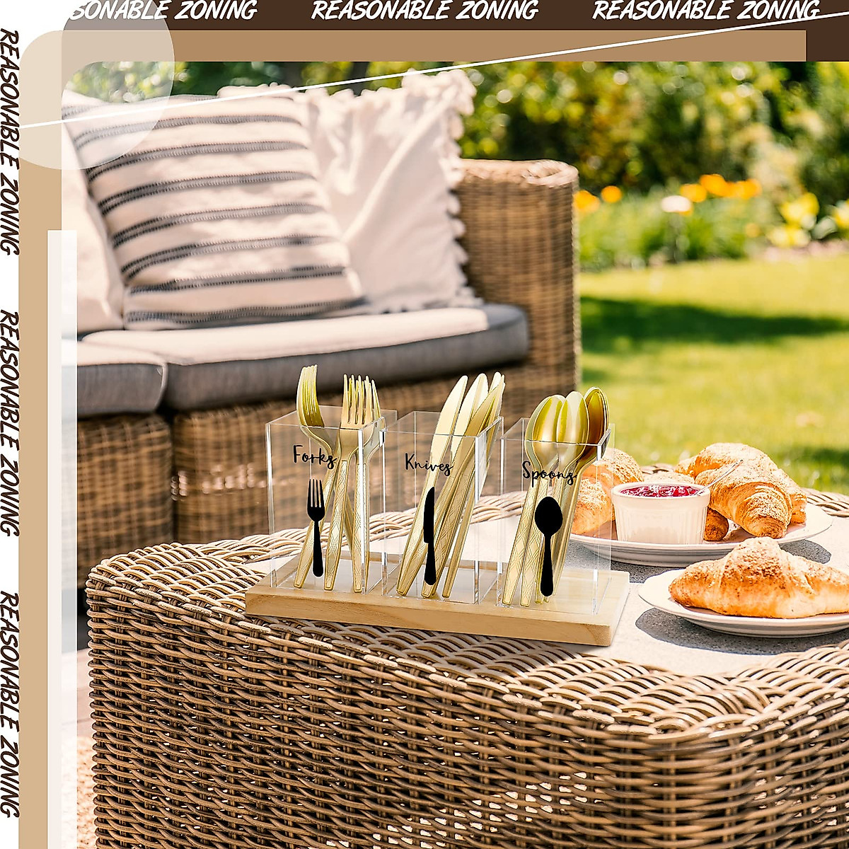 Meanplan Acrylic Utensil Organizer for Countertop Clear Silverware Caddy Countertop Spoon and Fork Holder Flatware Caddy Cutlery Holder with Wooden Tray for Kitchen Storage, Dining Room (Rectangle)