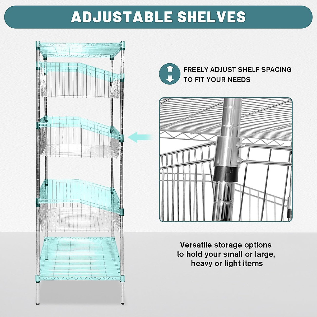 biosp 4-Tier Adjustable Metal Wire Rack Shelving Unit, Heavy Duty Basket Storage Shelf for Outdoor & Indoor, Bathroom, Laundry, Kitchen, Garage