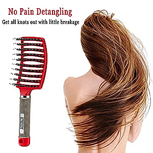 Detangling Brush Boar Bristles Set KTKUDY Hair Brush Curved and Vented Detangler Brush for Women Men Kids Wet and Dry Hair (Red&White)