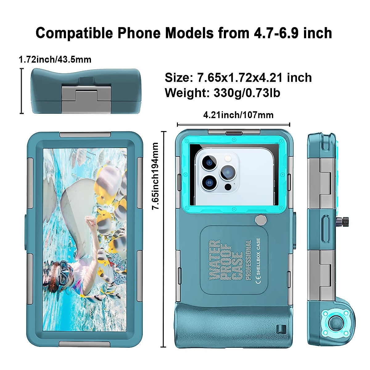 Underwater Snorkeling Diving Phone Case for iPhone 15/14/13/12/11 Pro Max/XR/XS/X Samsung Galaxy S24/S23/S22/S21, Professional Scuba Dive Waterproof Case Underwater Photo & Video Housing (Teal-Blue)