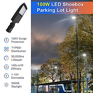 OSTEK 100W LED Parking Lot Light,14000lm (140lm/w) 5000K LED Shoebox Light -Slip Fitter Mount Outdoor Area Street Lighting [200-350W HID/HPS Equiv.] Commercial Outdoor Lighting 100-277V,UL&DLC Listed