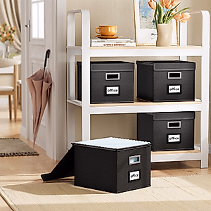 Huolewa Upgraded Portable File Organizer Box, Large Linen Hanging Office Document Storage Box with Lid - Black, Collapsible Filing & Storage Boxes for Office/Decor/Home - 14.9 x 12.59 x 10.8 inch
