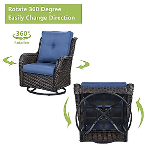 Pugire Wicker Patio Furniture Set - 8 Seater Rattan Outdoor Conversation Sets with 2 Swivel Chairs,2 Loveseat,1 Corner Sofa,1 Armless Chairs and 1 Square Glass Top Coffee Table(Brown/Blue)