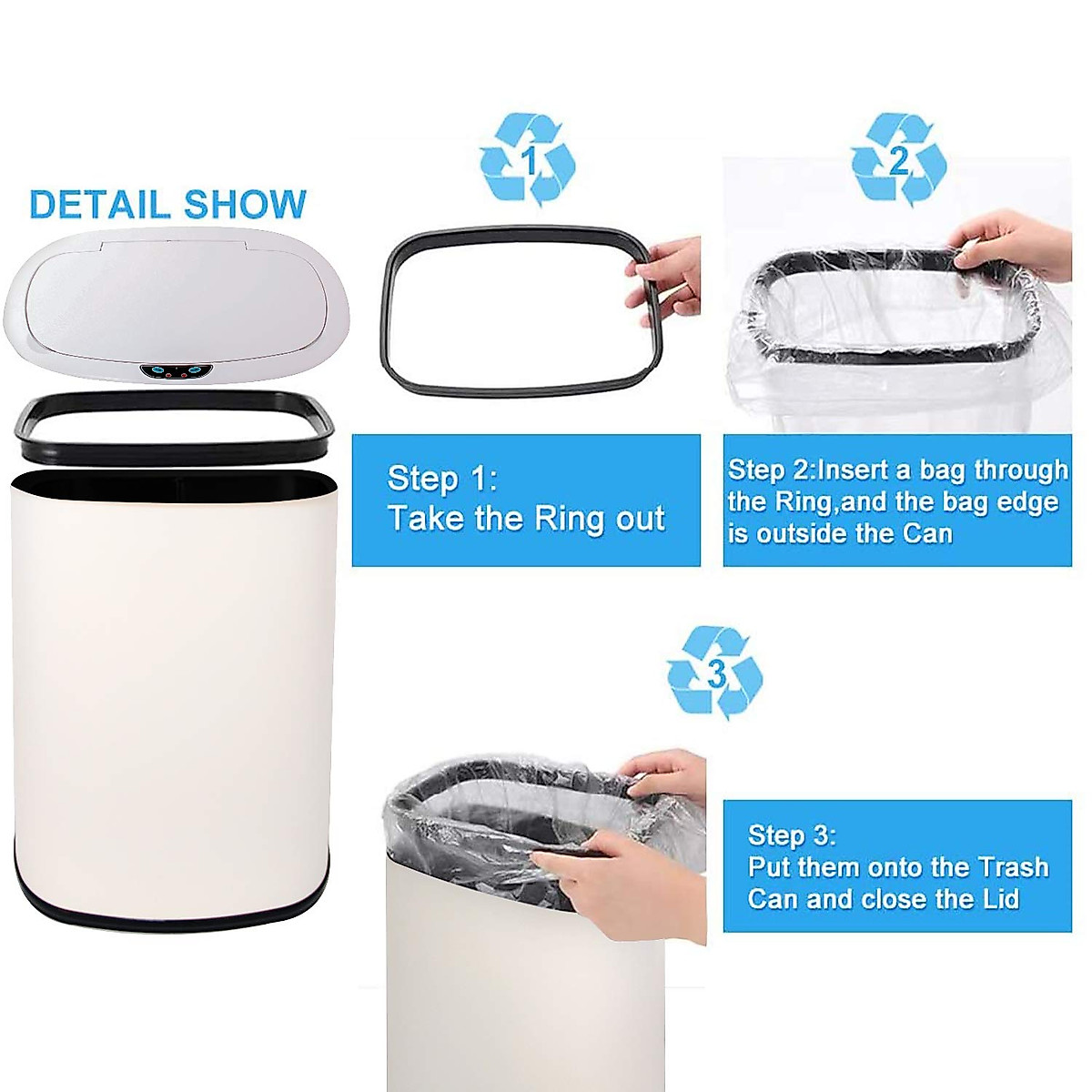 13.2 Gallon Trash Can Kitchen Bathroom Bedroom Stainless Steel Automatic Garbage Can with Odor Control System, 50 Liter Semi-Round No Touch Motion Sensor with Plastic Lid Brushed Waste Bin-White