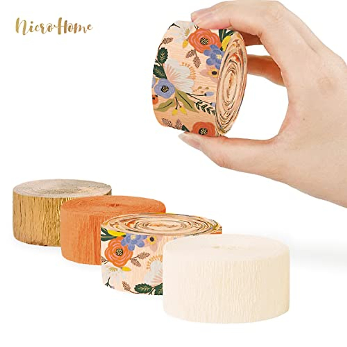 NICROHOME Wedding Party Decorations, 8 Rolls Retro Orange Flower Pattern Crepe Paper Streamers for a Boho/Floral Theme, Rustic Wedding, Engagement, Bridal Shower, Baby Showers, Birthday