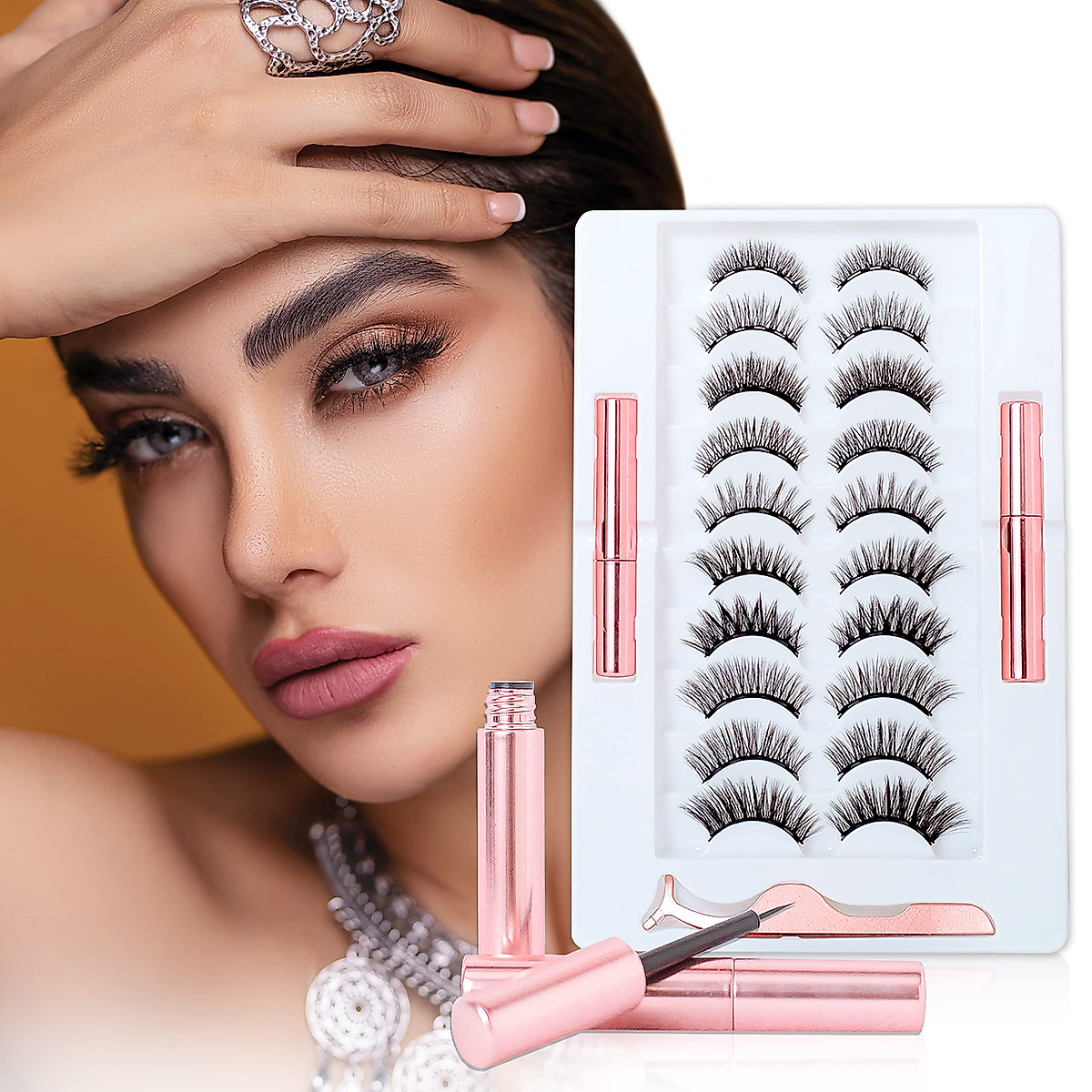 Magnetic Eyelashes with Tweezers and Waterproof Eyeliner, Reusable 3D Magnetic Eyelashes, Natural Look Magnetic Lashes Kit with 5 Styles Dramatic Long Eyelashes Faux Mink Lashes, No Glue (10 Pairs)