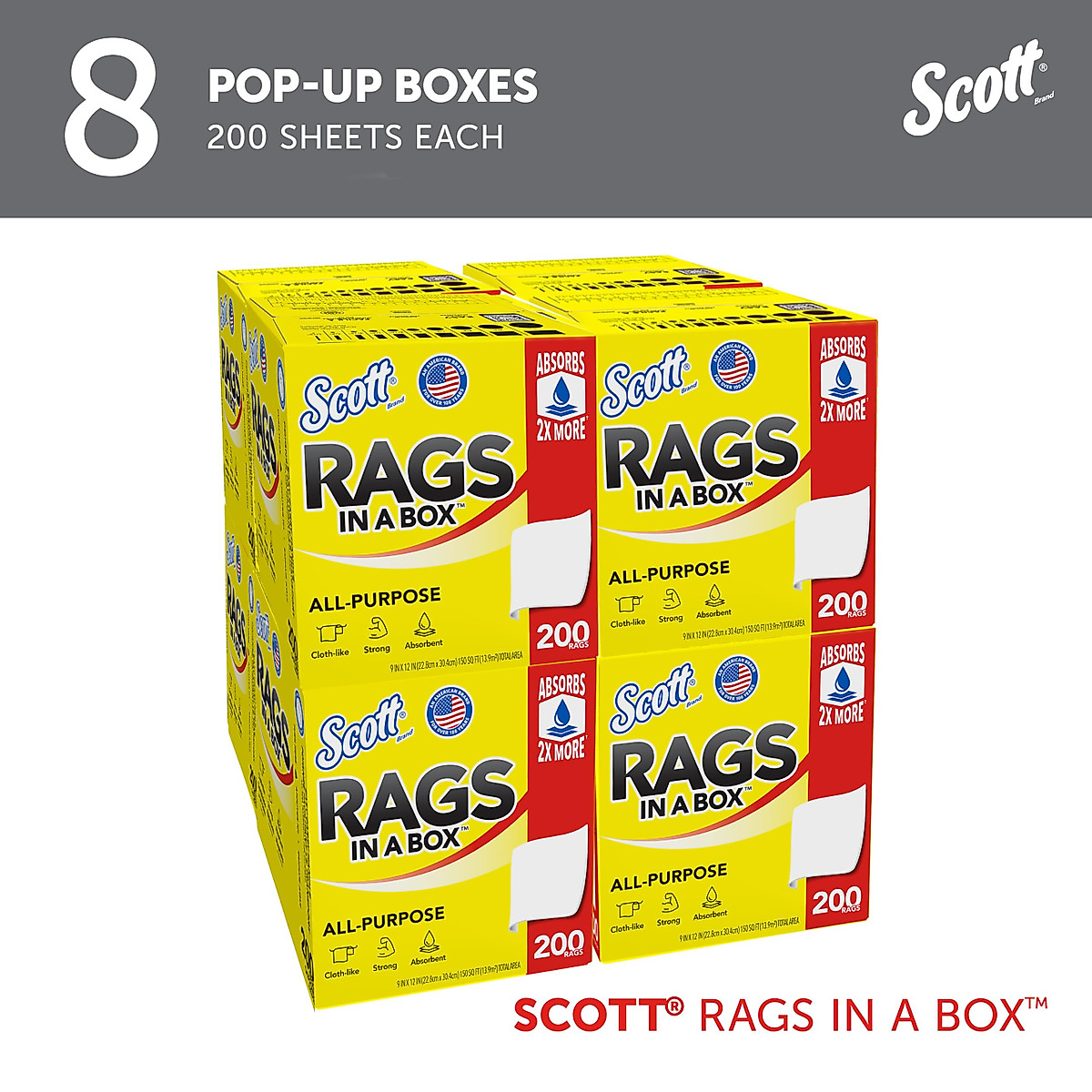 Scott Rags In A Box (75260), White, 200 Shop Towels / Box, 8 Boxes / Case