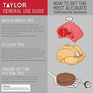 Taylor Leave-in Meat Oven Safe Compact Analog Dial Meat Food Grill BBQ Kitchen Cooking Thermometer, 3 inch dial, Stainless Steel