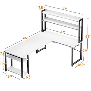 ODK L Shaped Gaming Desk with Hutch, Computer Desk with Storage Shelves, 66" L Shaped Desk for Home Office, Corner Desk with Headphone Hook, White