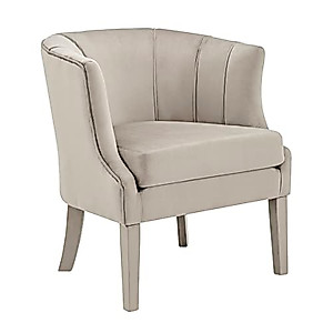 Iconic Home Sloane Accent Chair Velvet Vertical Channel Quilted Piped Stitching Barrel Back Design Upholstered Flared Legs Modern Contemporary, Taupe