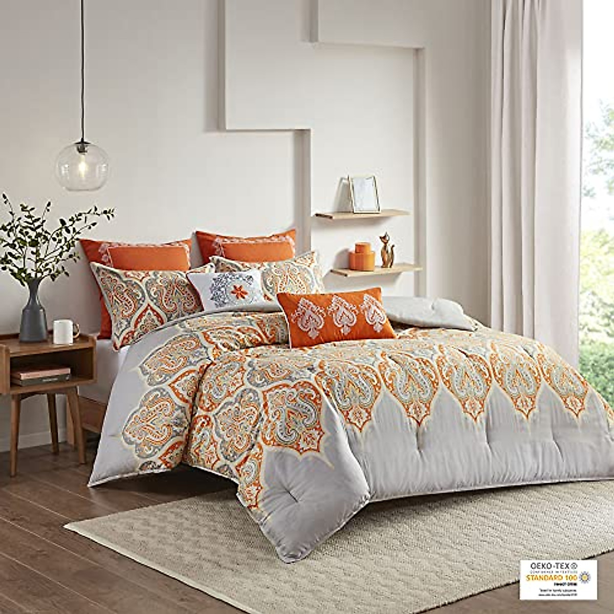 Madison Park Nisha Sateen Cotton Comforter Set, Breathable, Soft Cover, Trendy, All Season Down Alternative Cozy Bedding with Matching Shams, King/ California King, Orange 7 Piece