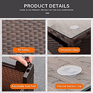 Outdoor PE Wicker Coffee Table - Patio Rattan Garden Furniture Multi-Functional Storage Tea Table with Glass Top, Dark Brown