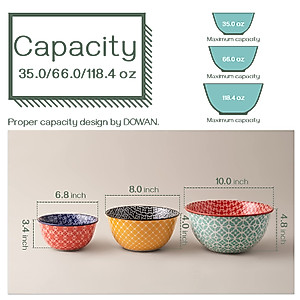 DOWAN Mixing Bowls, Ceramic Mixing Bowls for Kitchen, Colorful Vibrant Nesting Bowls for Cooking, Baking, Prepping, Serving, Salad, Housewarming Gift, Microwave Dishwasher Safe, 3.7/2/1 Qt, Set of 3