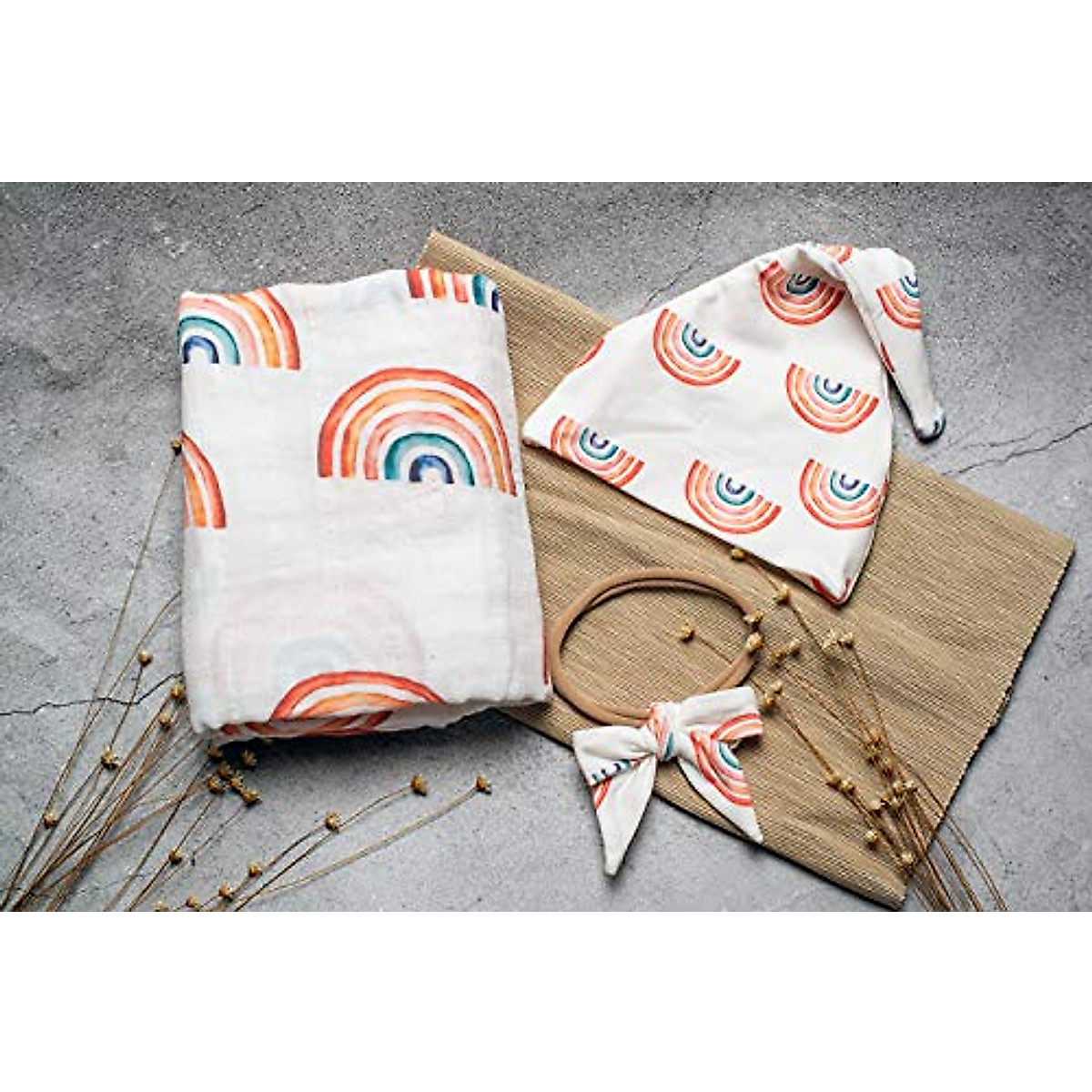 Miaoberry Organic Muslin Baby Swaddle Blanket and Hat Set Newborn Unisex Neutral Boy Girl| Boho Rainbow |Photo Props Birth Announcement Card