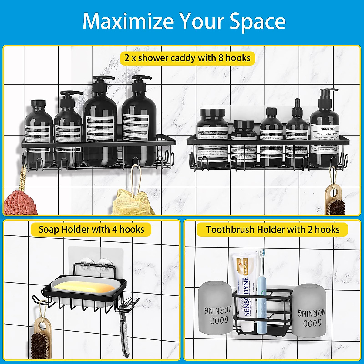 Rivisotamy 4 Pack Shower Organizer Caddy Sets with 22 Hooks, Bathroom Organizers and Storage Essentials, Shower Shelves with Dish Soap Holder & Toothbrush Holders, Rustproof Stainless, Black…