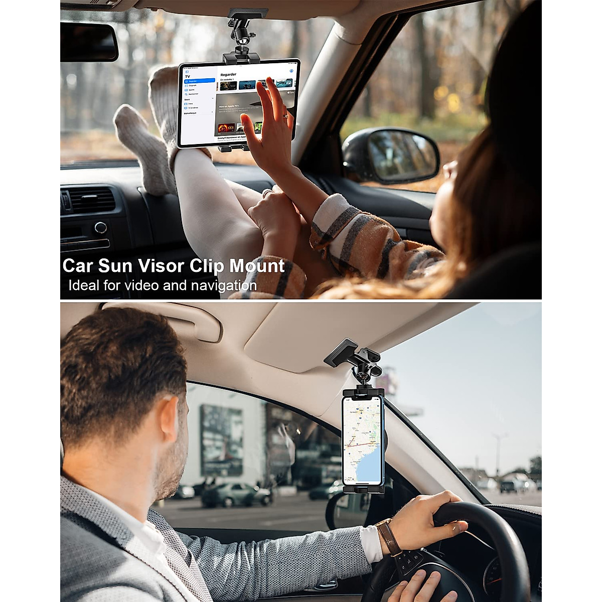 woleyi Sun Visor Car Tablet Holder, Visor Clip Tablet Mount for Car, 360° Rotation Universal Steering Wheel Tablet Clamp with 1/4'' Screw for iPad Pro Air Mini, Phone, Switch, 4.7-13" Devices/Camera