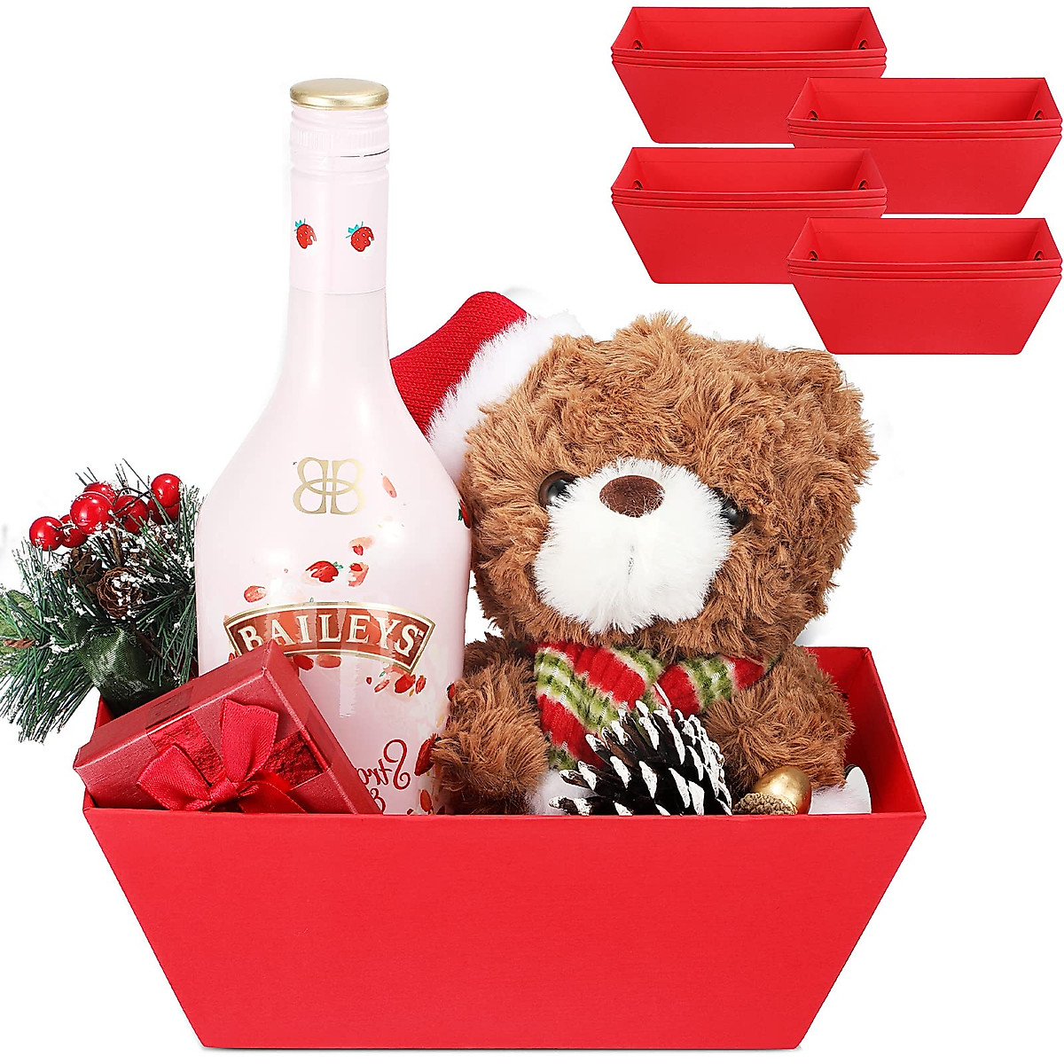 12 Pcs Small Basket for Gifts 9.8 x 6.5 Inch Empty Sturdy Cardboard Trays with Handles Bulk Gift Basket Market Tray Favor for Valentines Mother's Day Birthday Wedding (Red, Simple)
