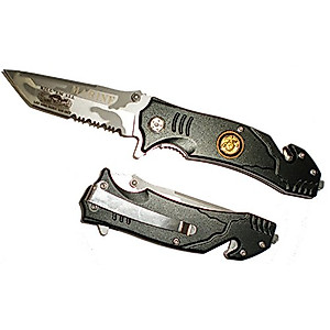 Black Handle Camo Blade KILL'EM ALL LET GOD SORT'EM OUT U.S. MARINES SPRING ASSISTED RESCUE POCKET KNIFE WITH GLASS BREAKER