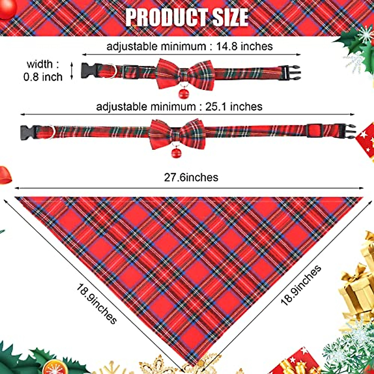 4 Pieces Christmas Dog Bandanas and Collars Set Xmas Christmas Classic Plaid Dog Neck Tie Triangle Bib Scarf Kerchief Adjustable PET Bow Tie with Safety Bell PET Costume for Cat Dog (L, Classic Style)