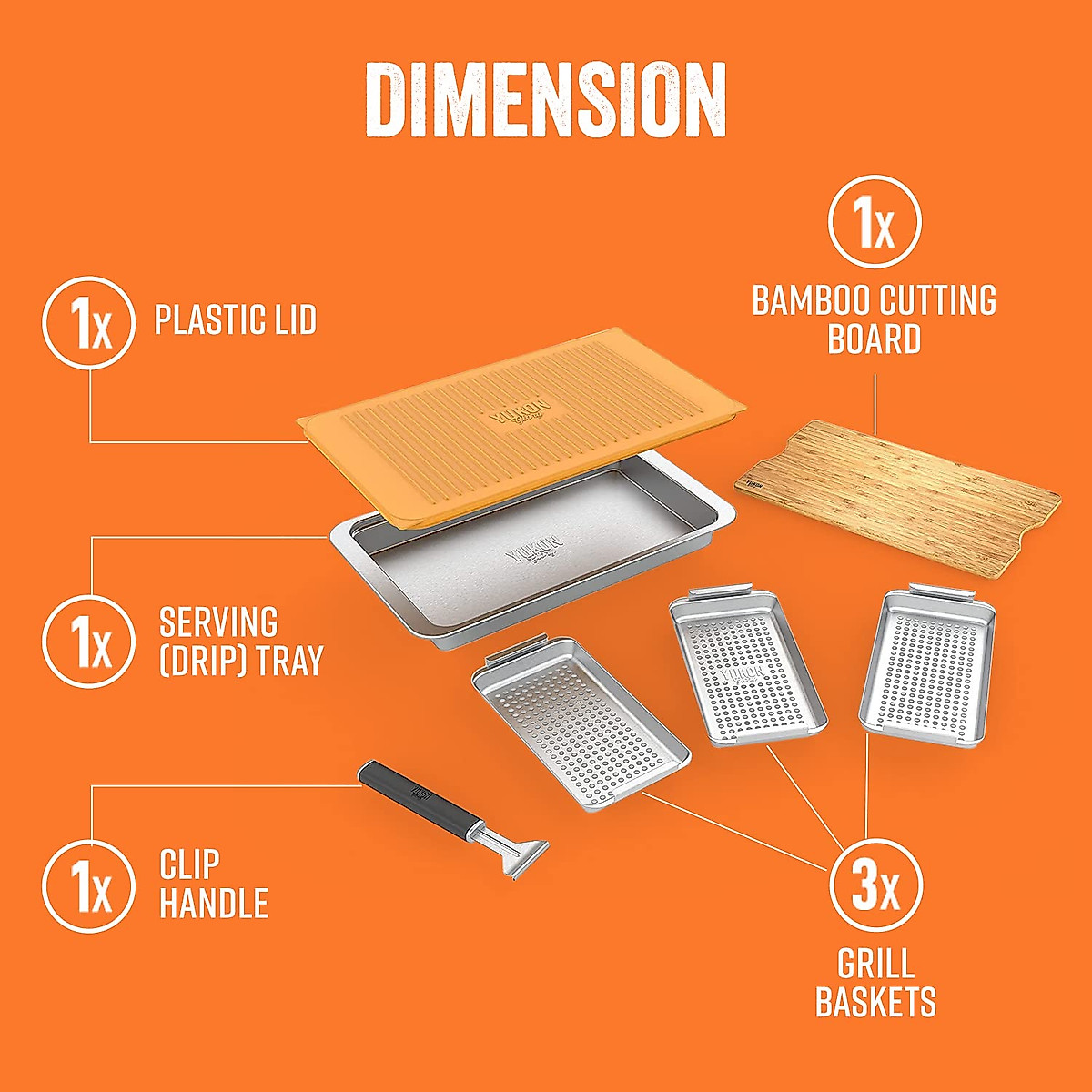 Yukon Glory™ BBQ 'N SERVE Premium Set, Includes 3 Grill Baskets, Serving Tray, Bamboo Cutting Board, Plastic Lid and Clip-on Handle