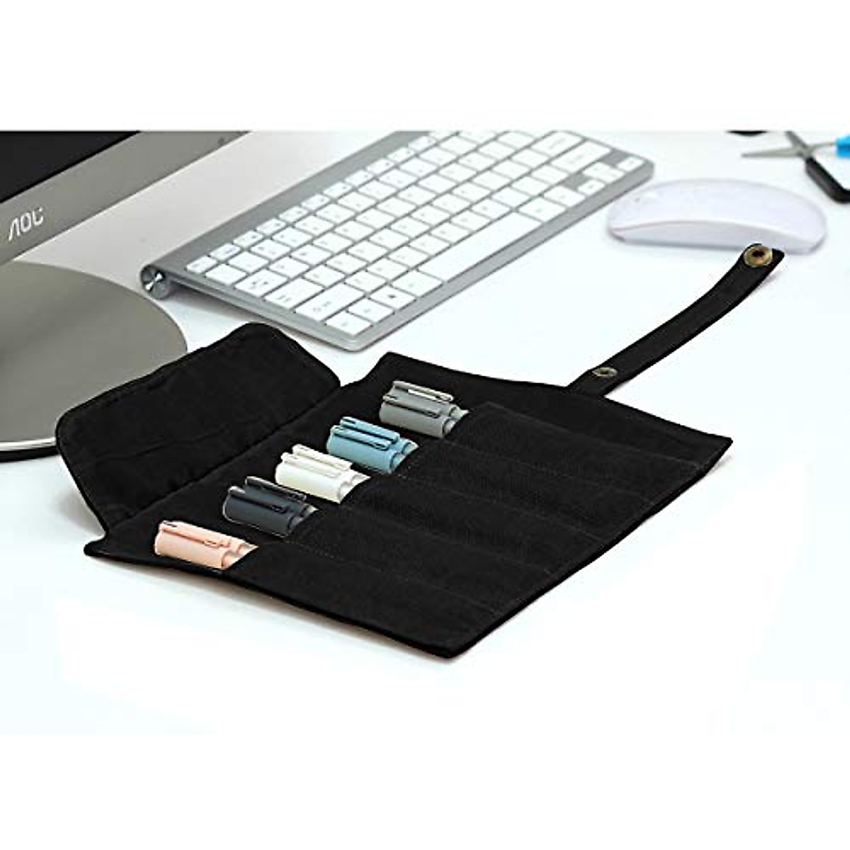 Enyuwlcm Canvas Stationery Handmade Foldable Rollup Pencil Case Travel Pen Holder Wrap Black