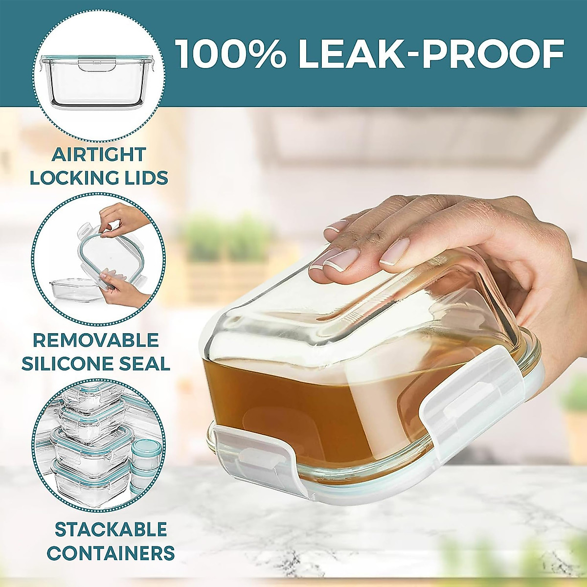 Razab 35 Pc Set Glass Food Storage Containers with Lids - Glass Meal Prep Containers Airtight Glass Bento Boxes BPA-Free 100% Leak Proof (15 lids,15 glass & 5 Plastic Sauce/Dip Containers)