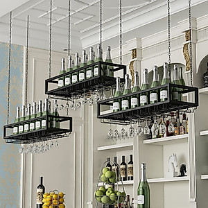 Ceiling Metal Iron Chain Wine Glass Rack, Hanging Wine Glass Holder, Adjustable Wine Rack with Glass Holder, Matte Black Stemware Rack