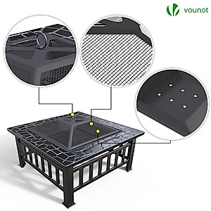 VOUNOT 3 in 1 Metal Square Firepit 32 inch Heavy Duty Fire Pit Table Outside Wood Burning Fire Pits with Spark Screen Lit and Rain Cover for Camping Garden Patio, Black