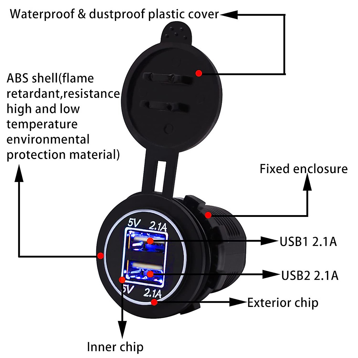 [5 Pack] 12V USB Outlet, Dual USB Quick Charger Socket Waterproof Power Outlet 12V/24V 2.1A & 2.1A for Car Golf Cart Boat Marine Bus Truck RV Marine Motorcycle, Blue LED
