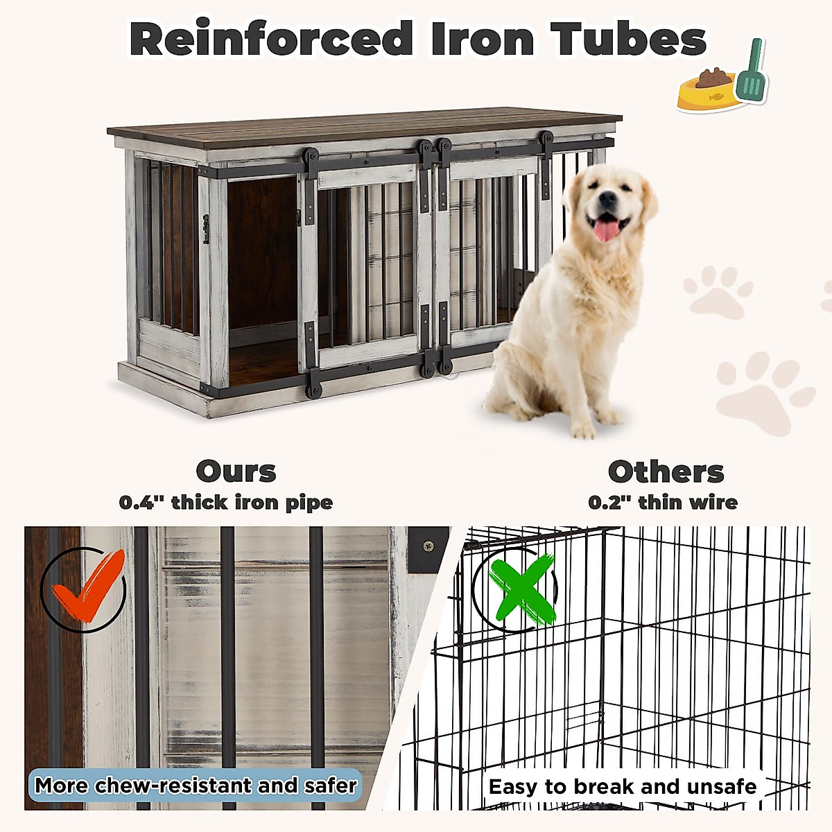 MELLCOM Large Wooden Dog Cage, Durable and Bite Resistant, Spacious with Dividers, Sliding Barn Door Design, White and Brown