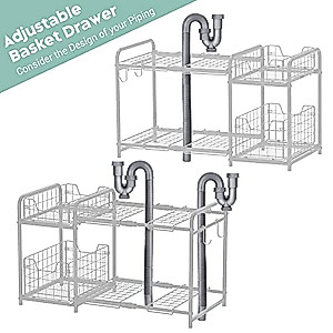 Under Sink Organizers and Storage, Zitaloken Bathroom Cabinet Organizer with Pull Out Drawer & Expandable Shelf, Kitchen Sink Organizer Metal Rack with Non-slip Feet, Matte Black