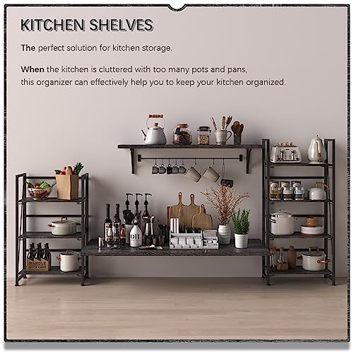 4NM No-Assembly Folding Bookshelf Storage Shelves 3 Tiers Vintage Bookcase Standing Racks Study Organizer Home Office (Gray and Black)