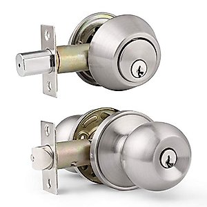 knobelite (10 Set Keyed Alike Entry Door Knob with Single Cylinder Deadbolt Combo Pack, Satin Nickel Finish Door Hardware Locks, All Same Key Door Knobs with Lock and Key for Front and Entrance Door