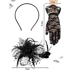 Sintege Fascinators Hat for Girl Tea Party Lace Gloves Black Cocktail Veil Mesh Feathers Hair Clip for Kids Halloween (Cute Style)